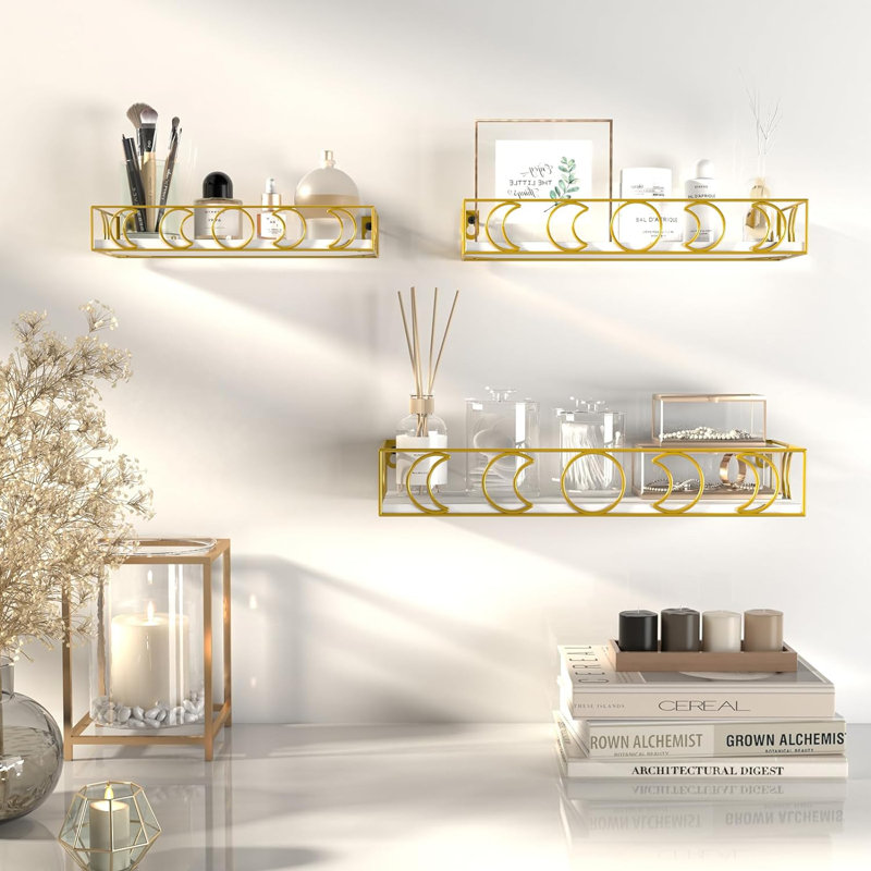 Moon Phase Floating Shelves White Gold Set Of 3 Small Decorative Wall Shelves For Book Plant Storage Figurine Collectibles Display Shelf For Bedroom